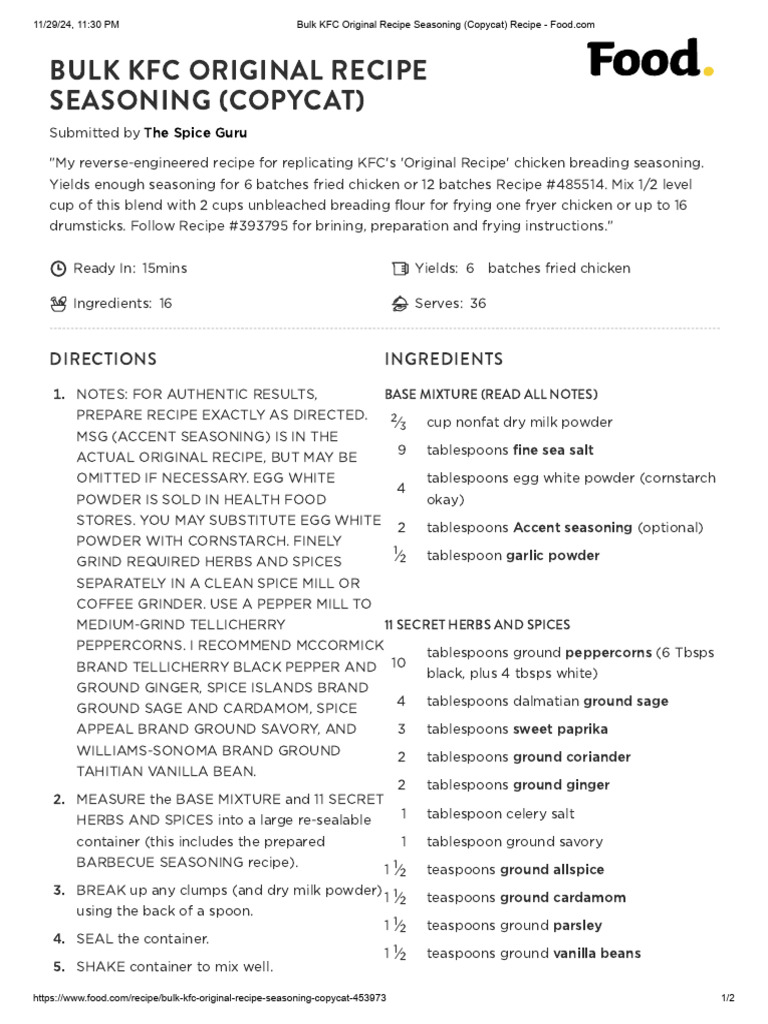 Bulk KFC Original Recipe Seasoning (Copycat) Recipe | PDF | Teaspoon ...