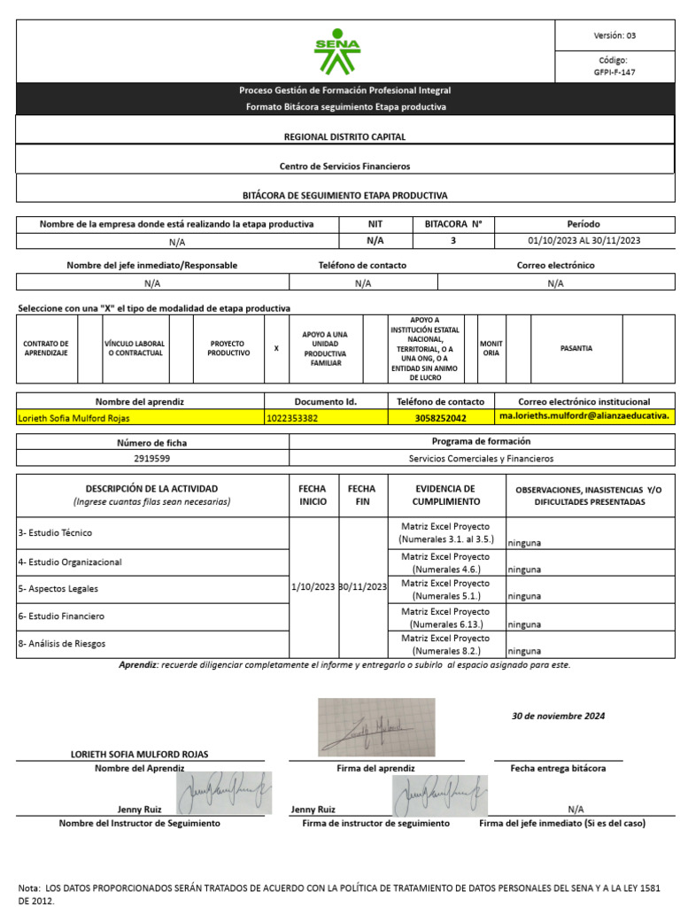 GFPI-F-147 - Bitácora - 03 - CC - 1022353382 - MULFORD ROJAS LORIETH SOFIA .XLSX - Bitácora 02 | PDF