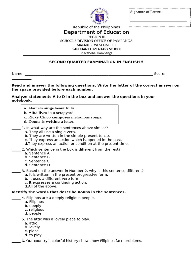 Second Quarter Examination ENGLISH5 | PDF | Multimedia | Verb