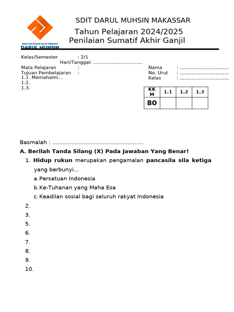 Format Soal Ujian kelas 1 & 2 | PDF
