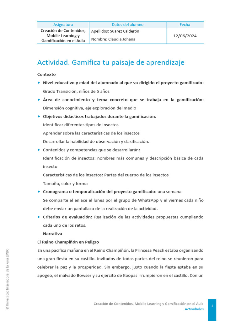 Actividad 3 Gamifica Tu Paisaje. | PDF | Mario | Aprendizaje