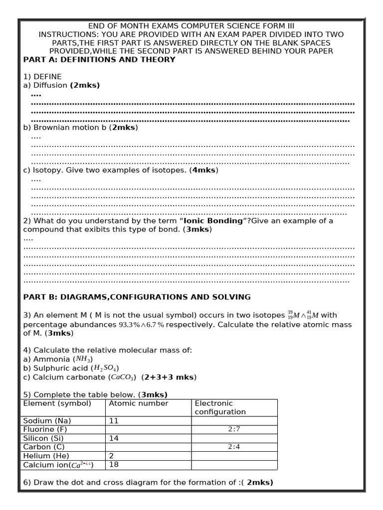 End of Month Exams Computer Science Form III | PDF
