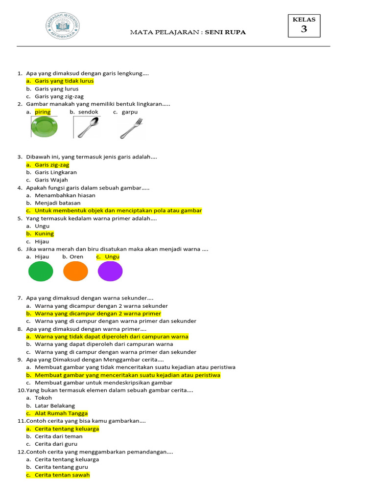 Kunci Jawaban Seni Rupa Kelas 3 | PDF