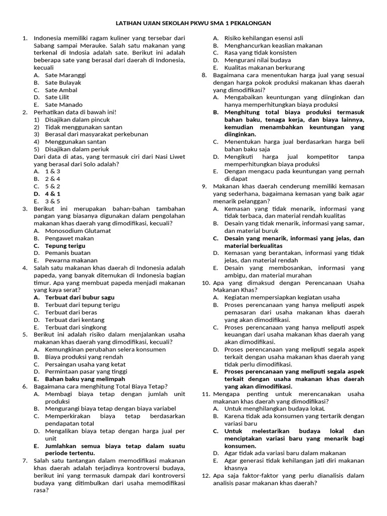 Latihan Ujian PKWU SMA 1 Pekalongan | PDF