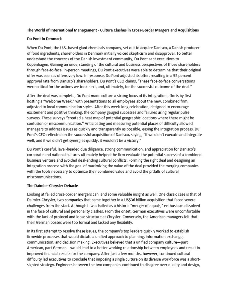 Culture Clashes in Cross-Border Mergers and Acquisitions | PDF ...