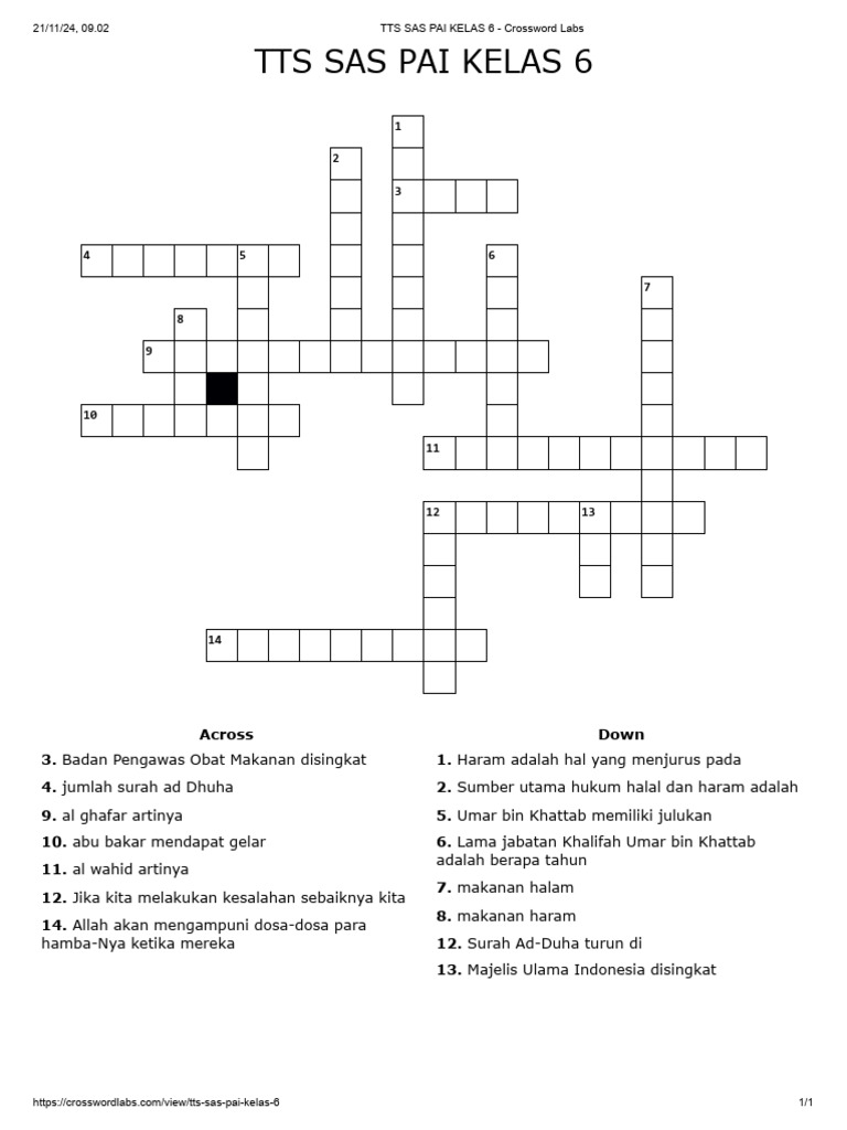 TTS SAS PAI KELAS 6 - Crossword Labs 1 | PDF