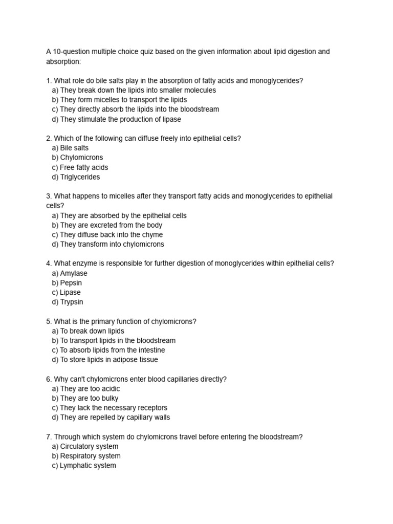 Lipid Digestion and Absorption - Quiz | PDF
