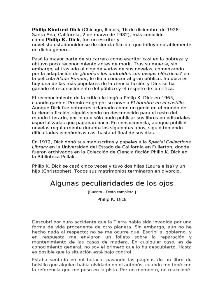 Algunas Peculiaridades de Los Ojos | PDF | Philip K. Dick