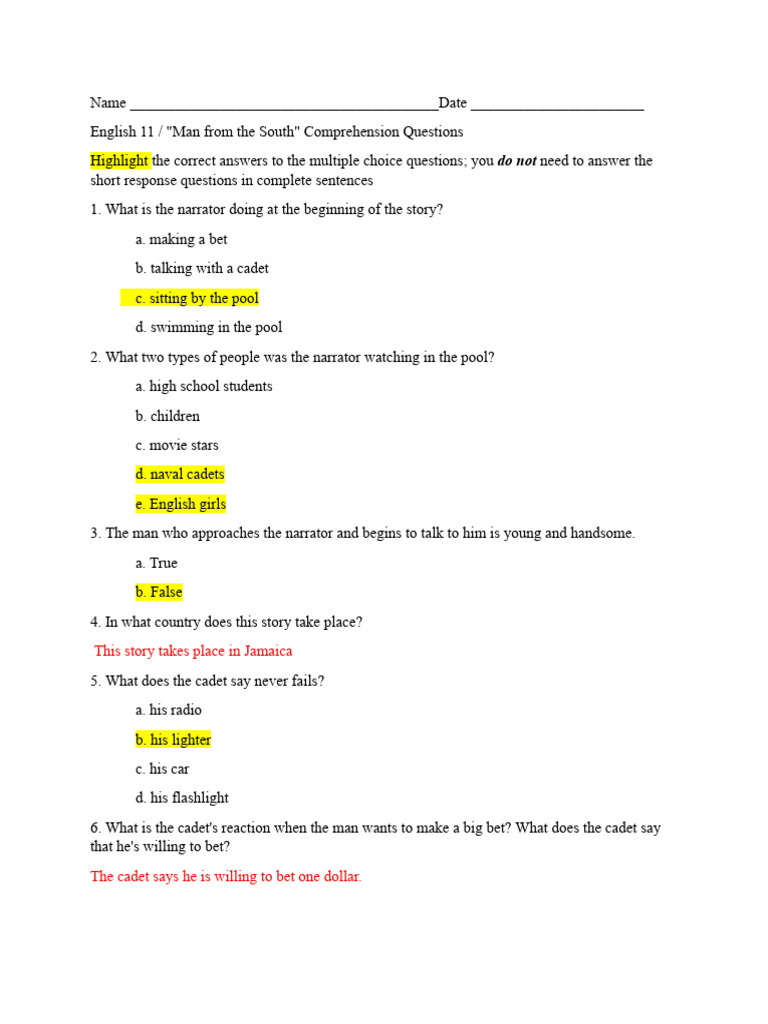 "Man from the South" Comprehension Guide | PDF