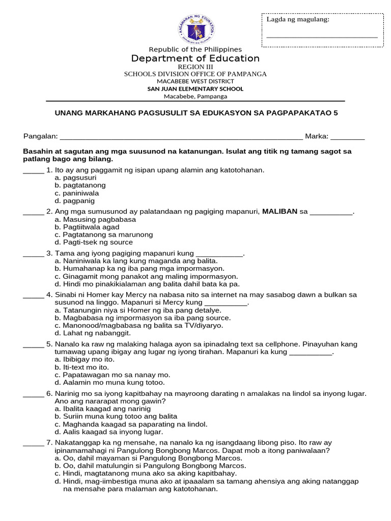 First Quarter Examination ESP5 | PDF