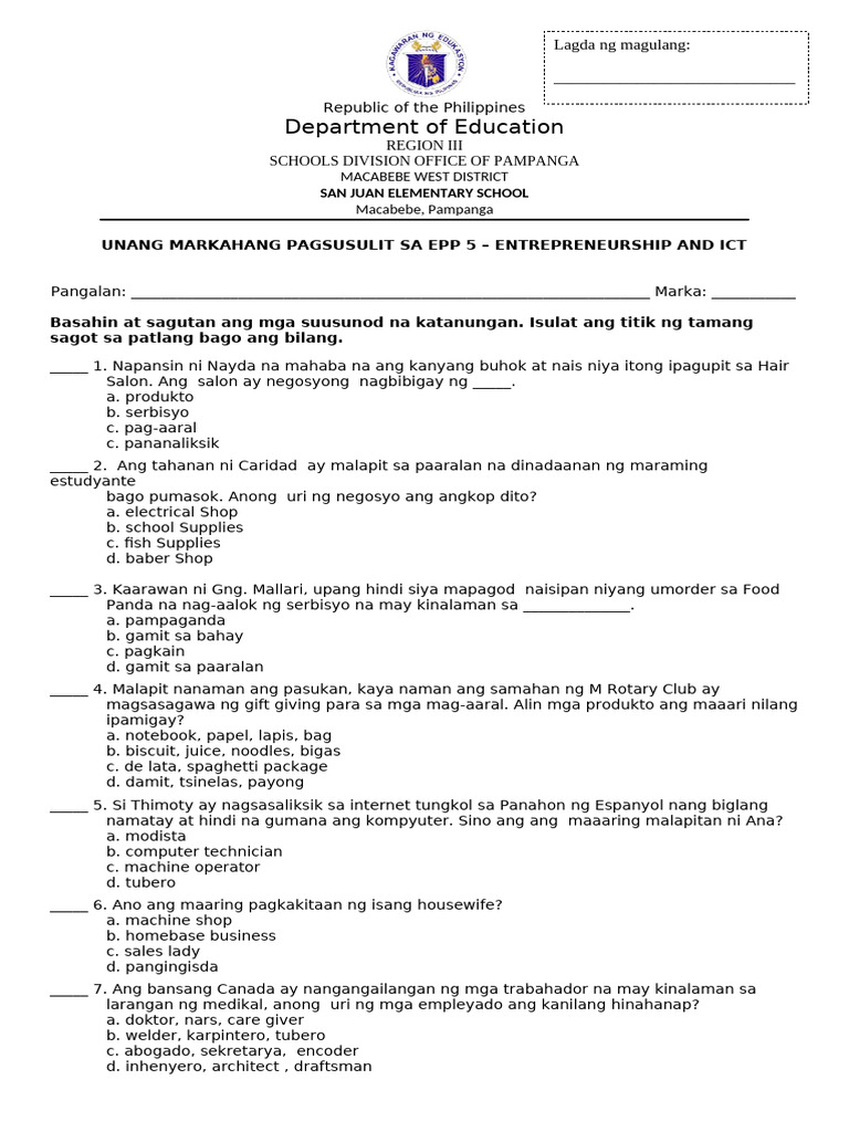 First Quarter Examination EPP5-ENTRE-ICT | PDF