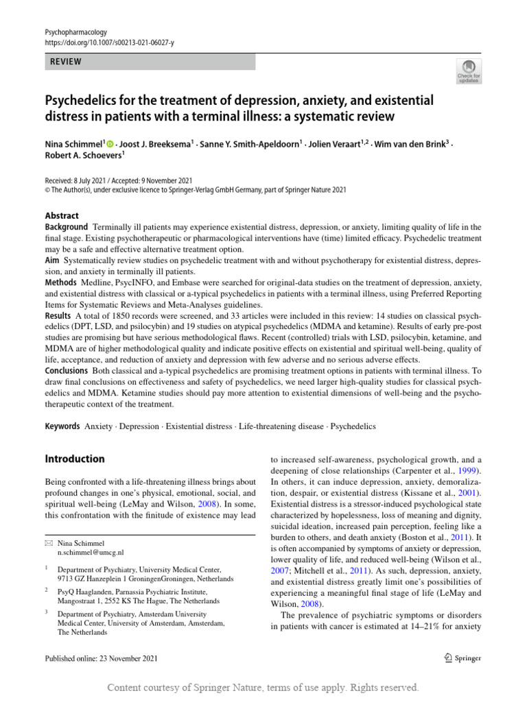 Schimmel Et Al., 2021 - Psychedelics and Terminal Illness | PDF | Psychedelic Drugs | Antidepressant