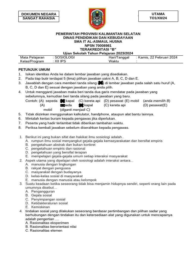 (Dul) Soal To Sma 20232024 Sos | PDF
