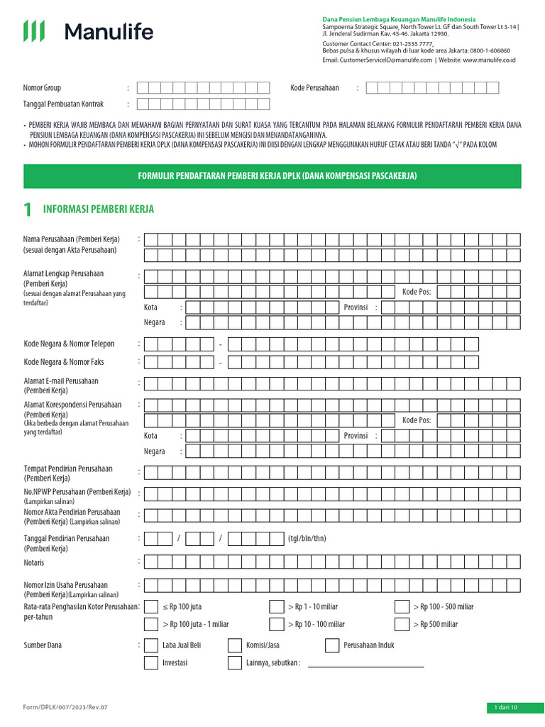 Formulir Pendaftaran Pemberi Kerja DPLK (Dana Kompensasi Pascakerja) | PDF