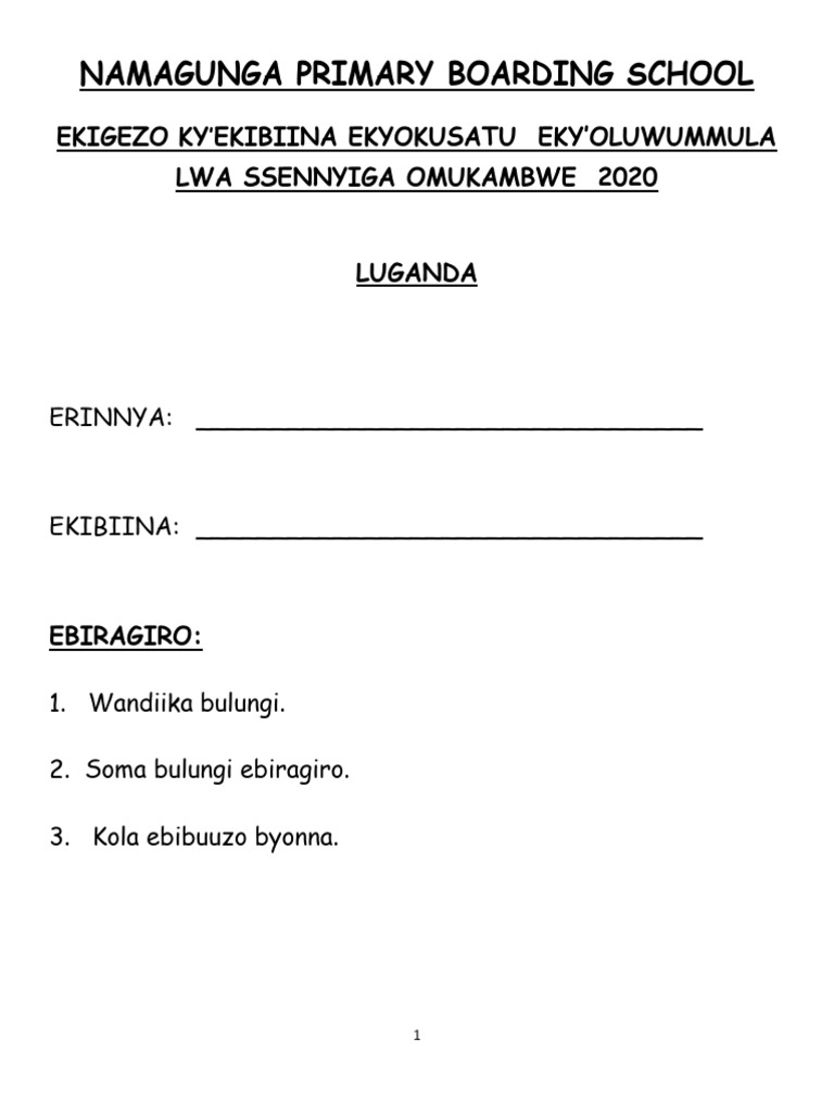 p.3 Luganda Exam Namagunga Primary Boarding School | PDF