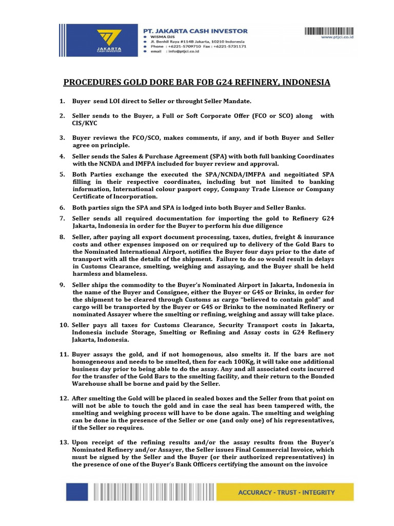 PROCEDURES GOLD DORE BAR FOB GALERY 24 REFINERY, INDONESIA-1 (1) | PDF