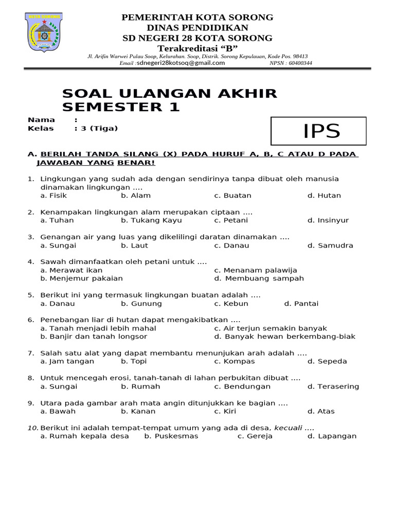 366962875-Soal-UAS-IPS-Kelas-3-SD-Semester-1-Dan-Kunci-Jawaban-www-bimbelbrilian-com-pdf | PDF
