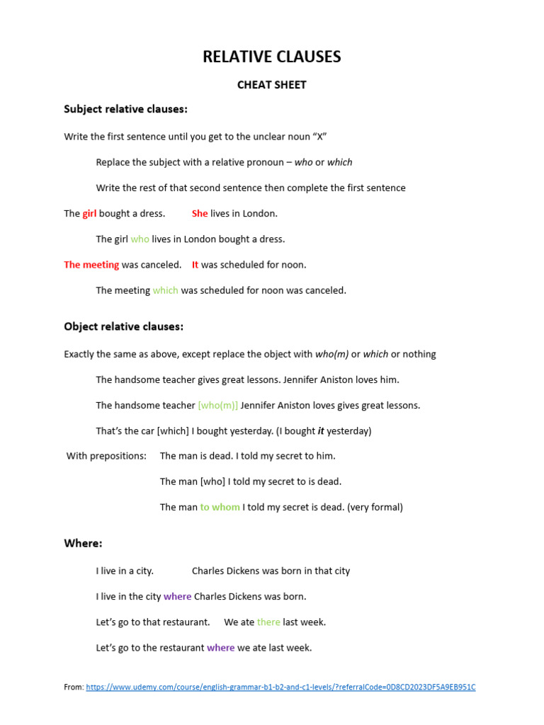 Relative Clauses Cheat Sheet | PDF | Linguistics | Syntax