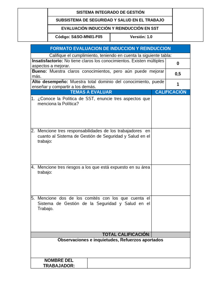 s&So-mn01-f05 Formato Evaluacion de Induccion y Reinduccion | PDF