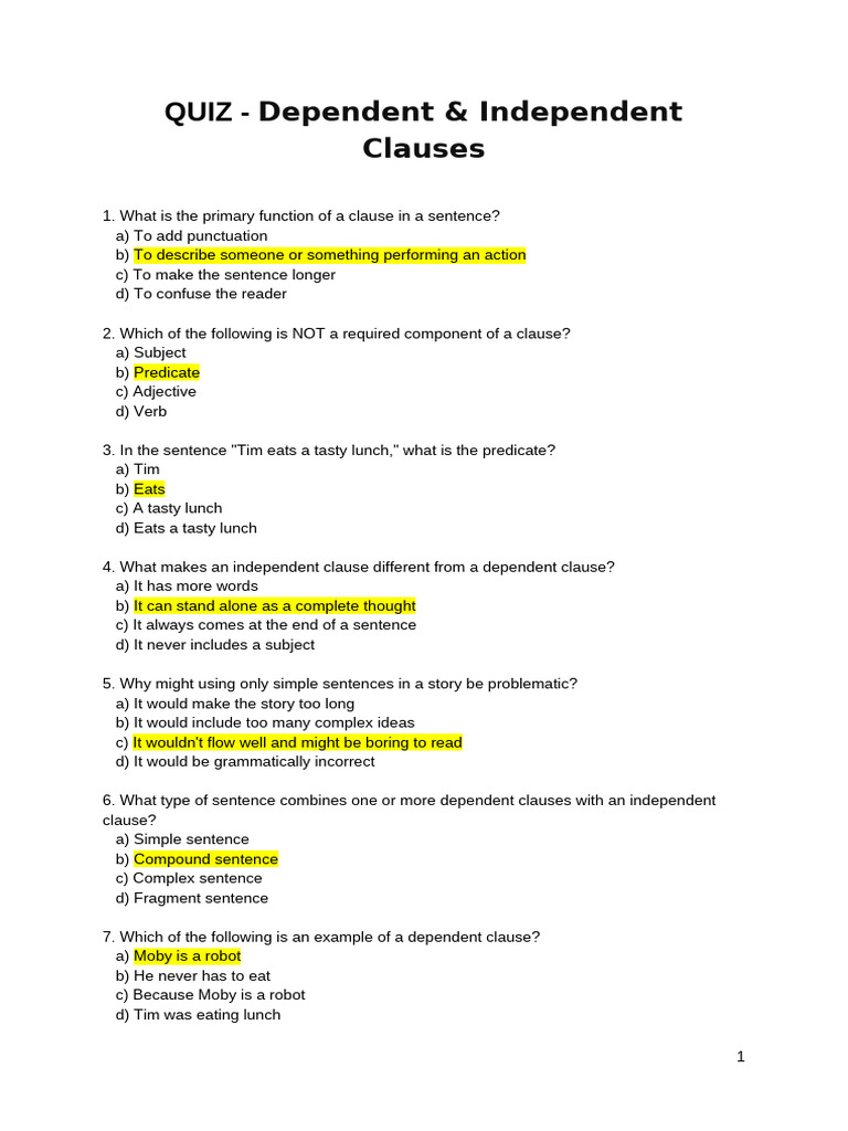 QUIZ - Dependent Independent Clause | PDF