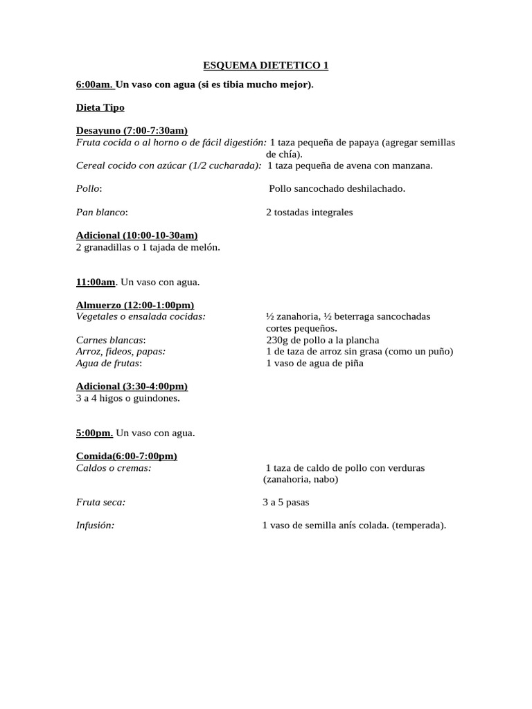 ESQUEMA DIETETICO 1 - Gastritis y Estreñimiento | PDF | Almuerzo ...