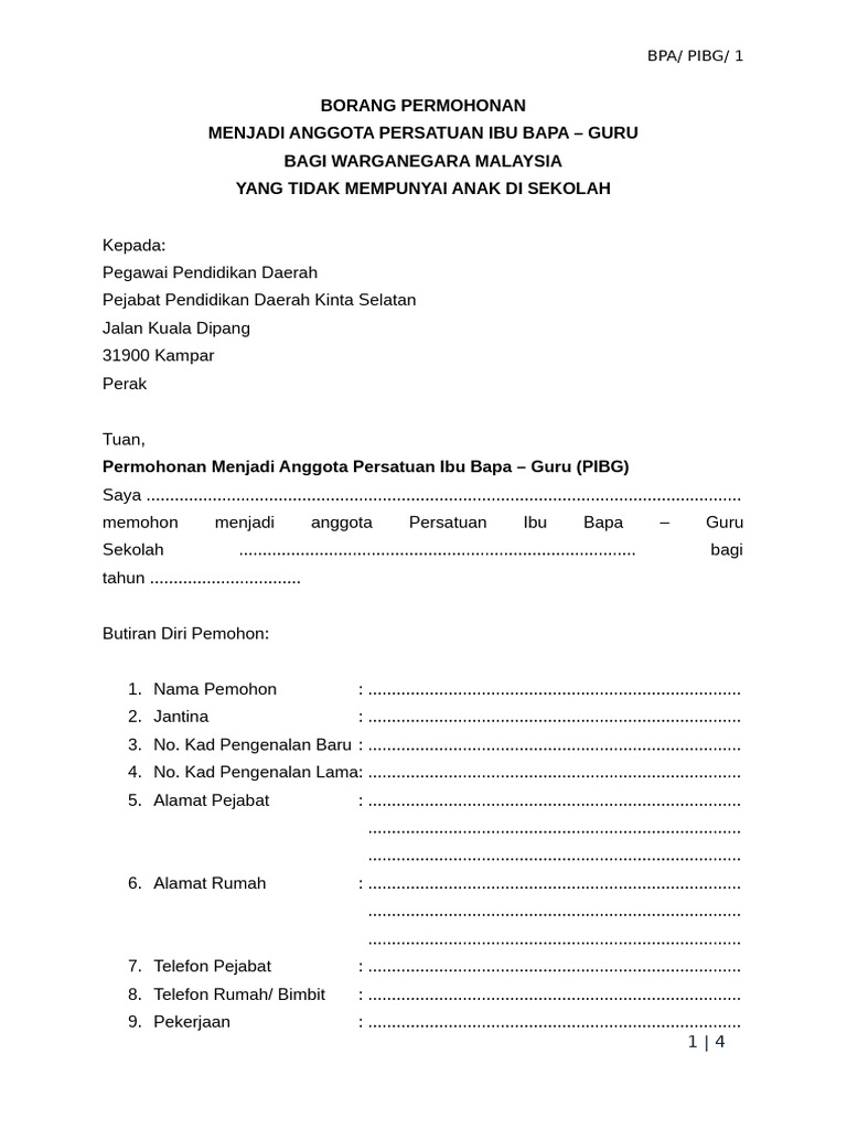 Borang BPA PIBG 1 | PDF