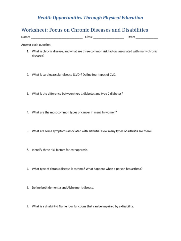 Worksheet Focus On Chronic Diseases and Disabilities-1 | PDF