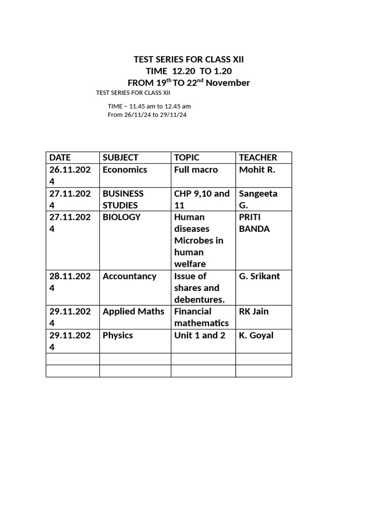 Test Series Schedule | PDF