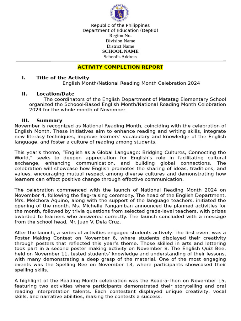 Activity Completion Report | PDF | Teachers | Creativity