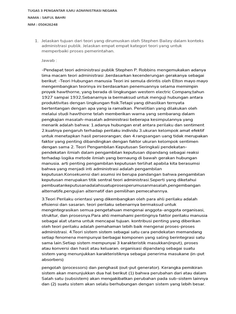 Tugas 3 Pengantar Ilmu Administrasi Negara (Saiful Bahri - 050426248) | PDF