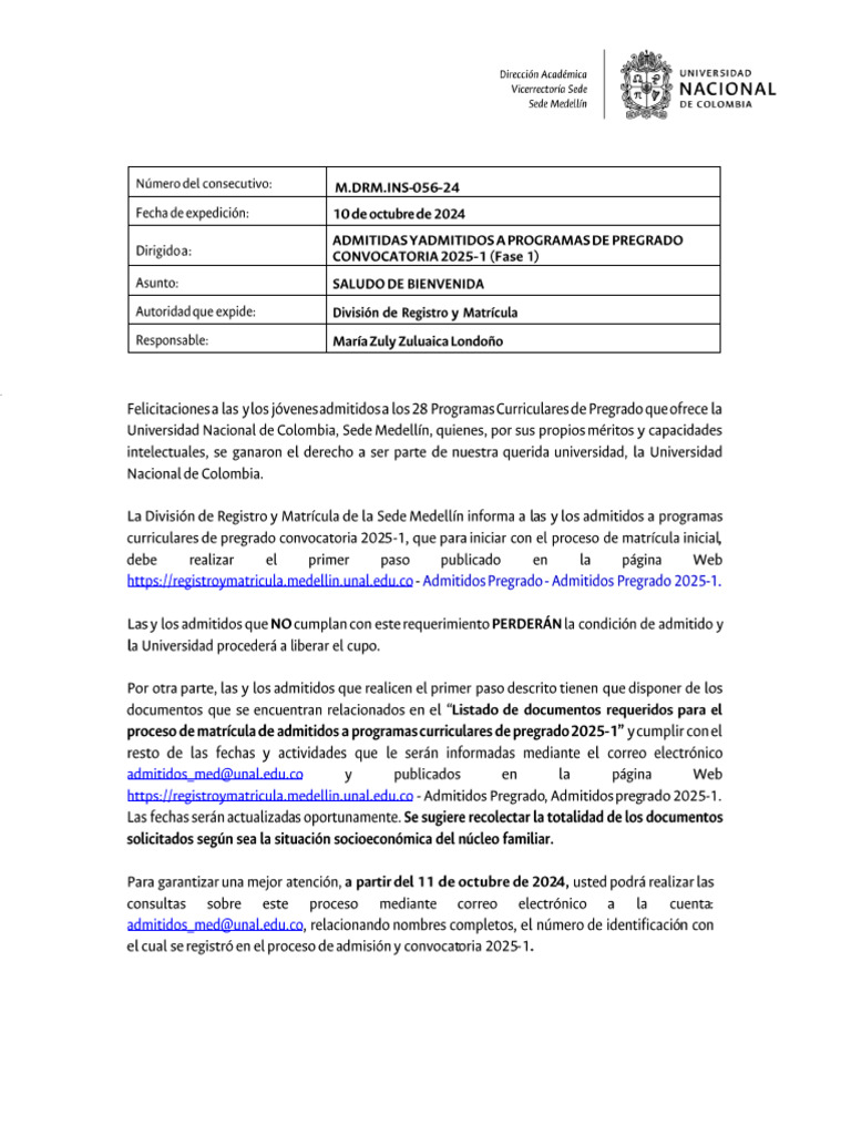 MDRMINS 056 24 Saludo Bienvenida Admitidos Pregrado Convocatoria 2025 1 Fase 1 | PDF