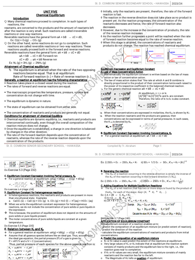 Chemistry Unit-5 (Chemical Equilibrium For GR - 11) | PDF | Chemistry