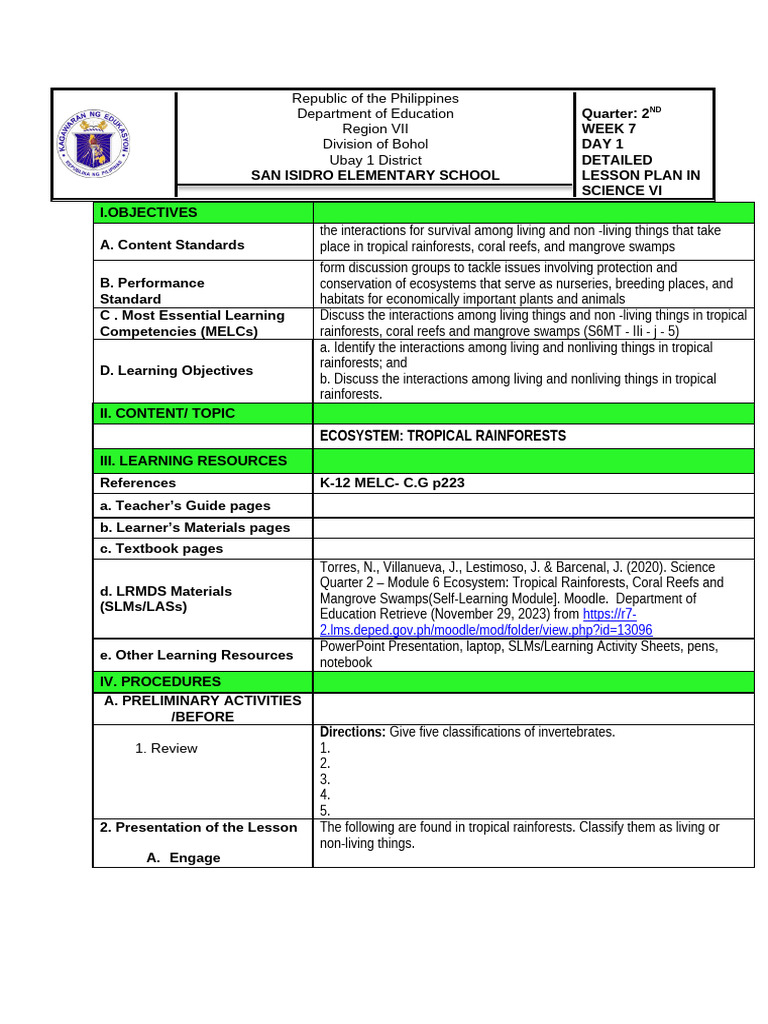 Science q2 DLP Week 7 Day 1 | PDF | Rainforest | Forests