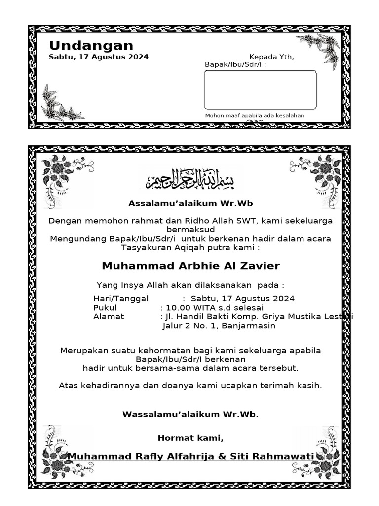 Undangan Tasyakuran Aqiqah Muhammad Arbhie | PDF