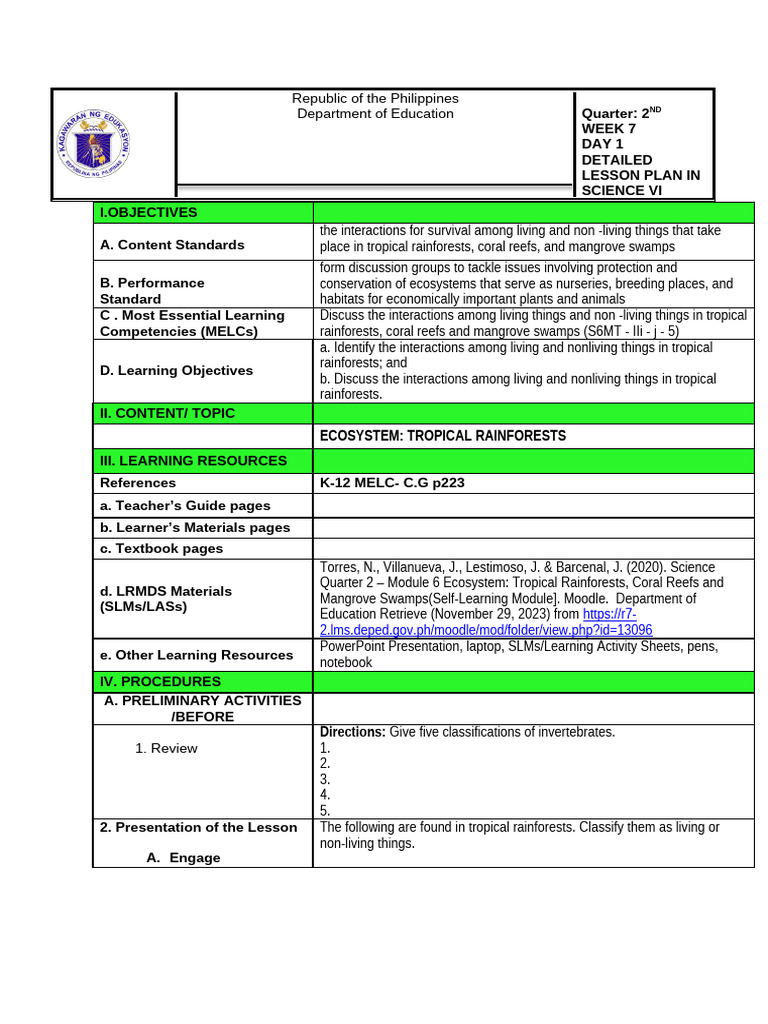 Science Q2 DLP Week 7 Day 1 | PDF | Rainforest | Forests