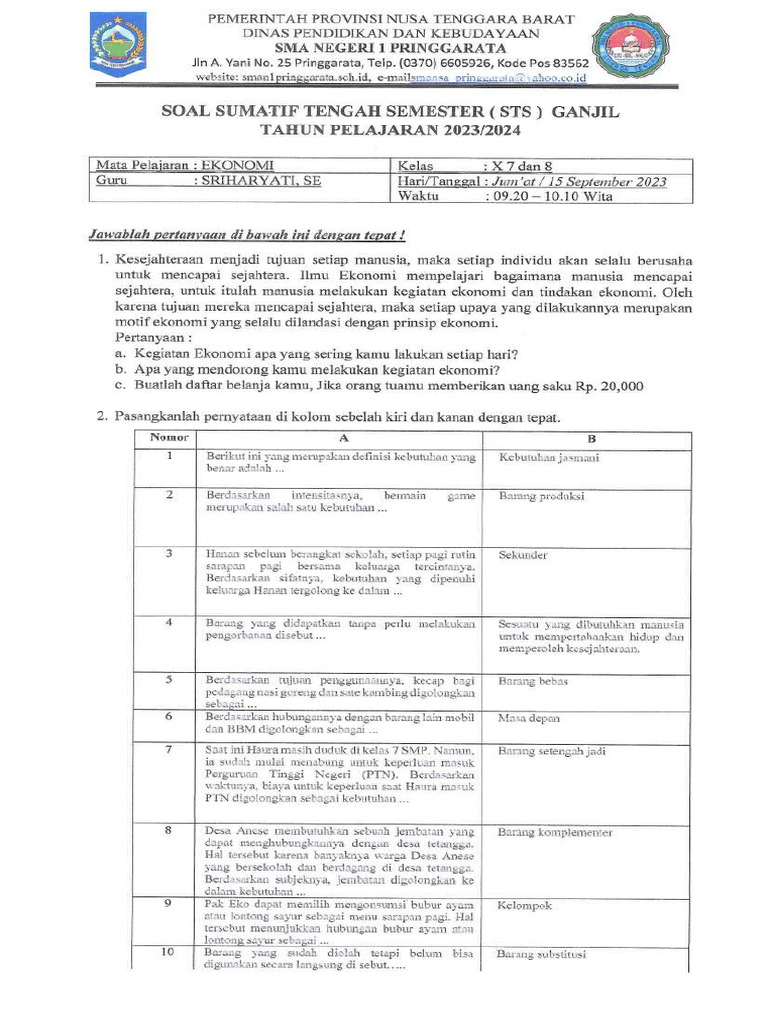 Jadwal dan soal STS Ganjil 2023-2024 | PDF