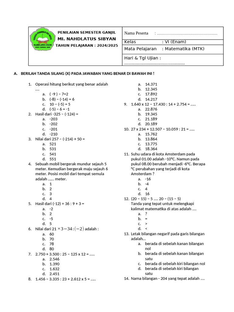 SOAL UAS MTK KLS 6 | PDF