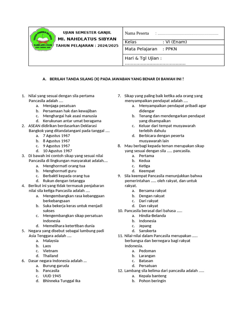 Soal Uas PPKN KLS 6 | PDF