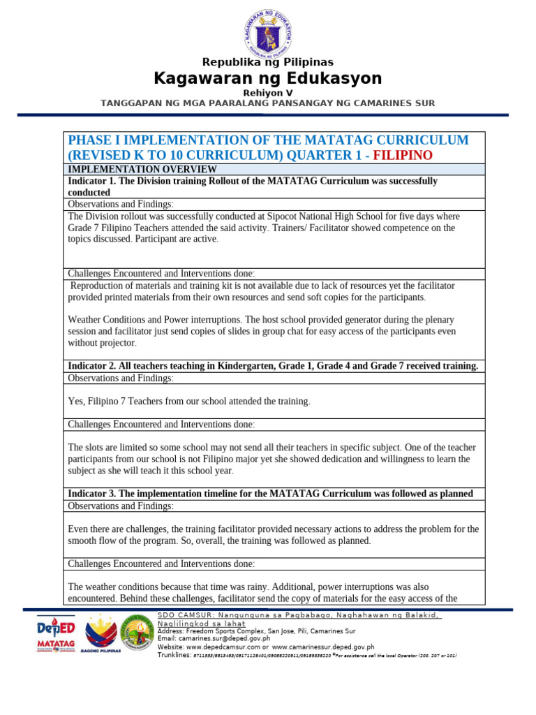 STA. LUTGARDA NATIONAL HIGH SCHOOL FILIPINO-PHASE-I-IMPLEMENTATION-OF-THE-MATATAG-CURRICULUM ...