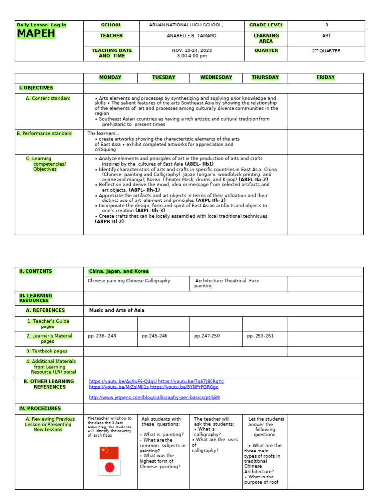 East Asian Art Lesson Plan for Grade 8 | PDF | Paintings | East Asia
