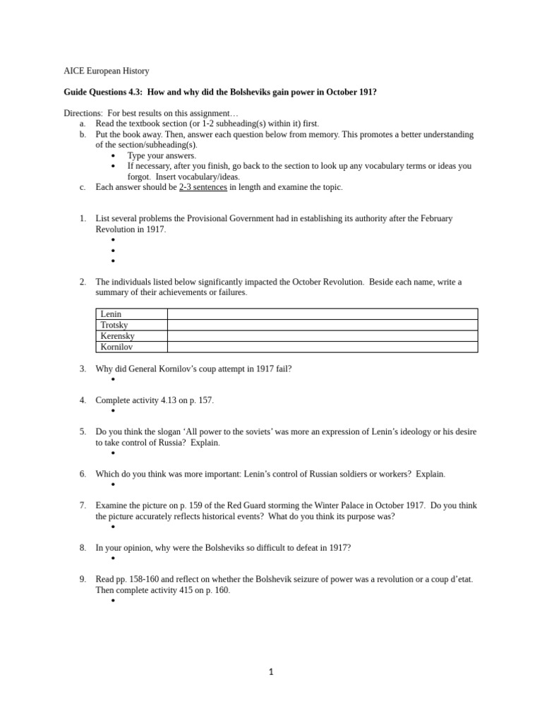 GUIDE QUESTIONS 4.3 | PDF | Vladimir Lenin | Bolsheviks