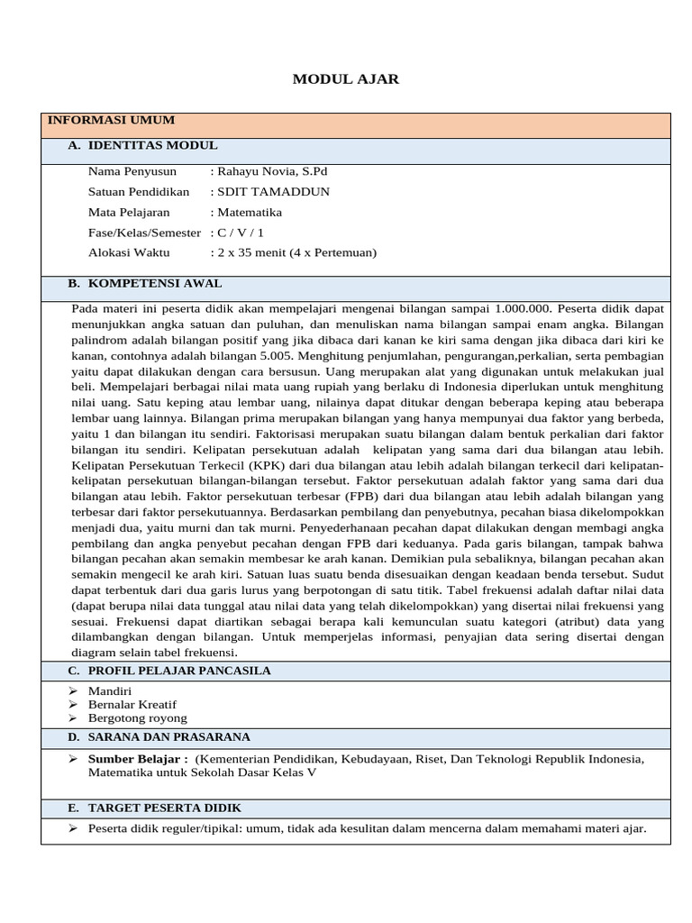 Modul Ajar Mtk Kelas V Pdf
