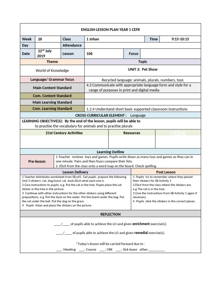 Update Y1 Lesson Plan Week 26 | PDF | Lesson Plan | Human Communication
