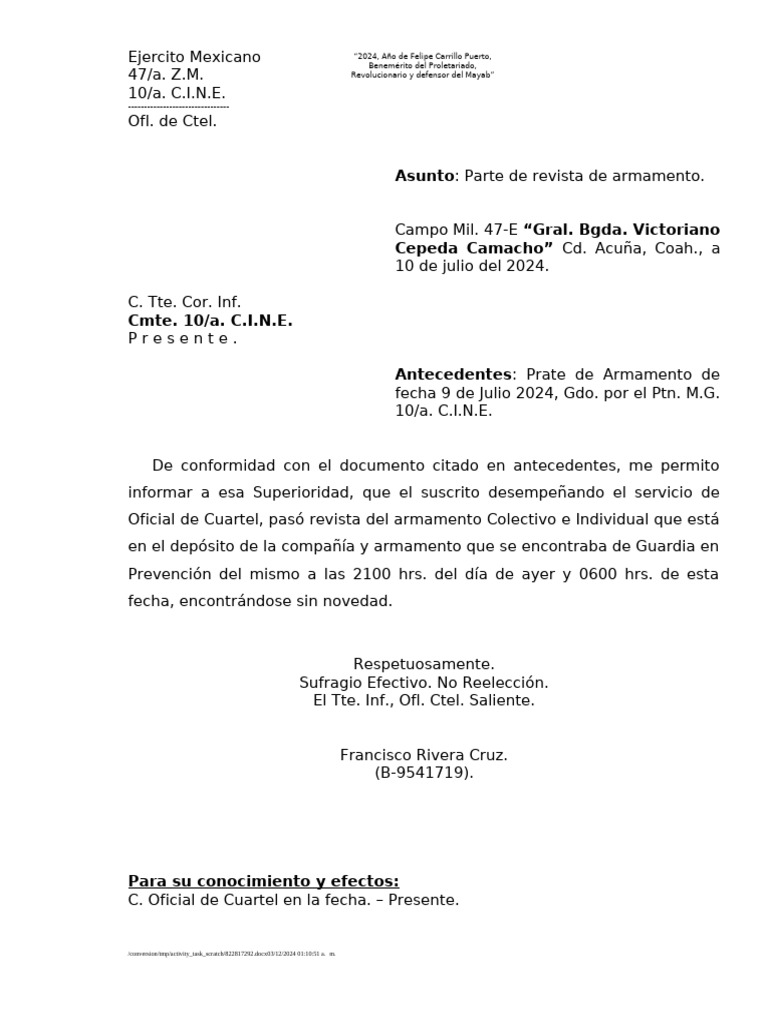 Parte Armamento Ofl. Ctel | PDF