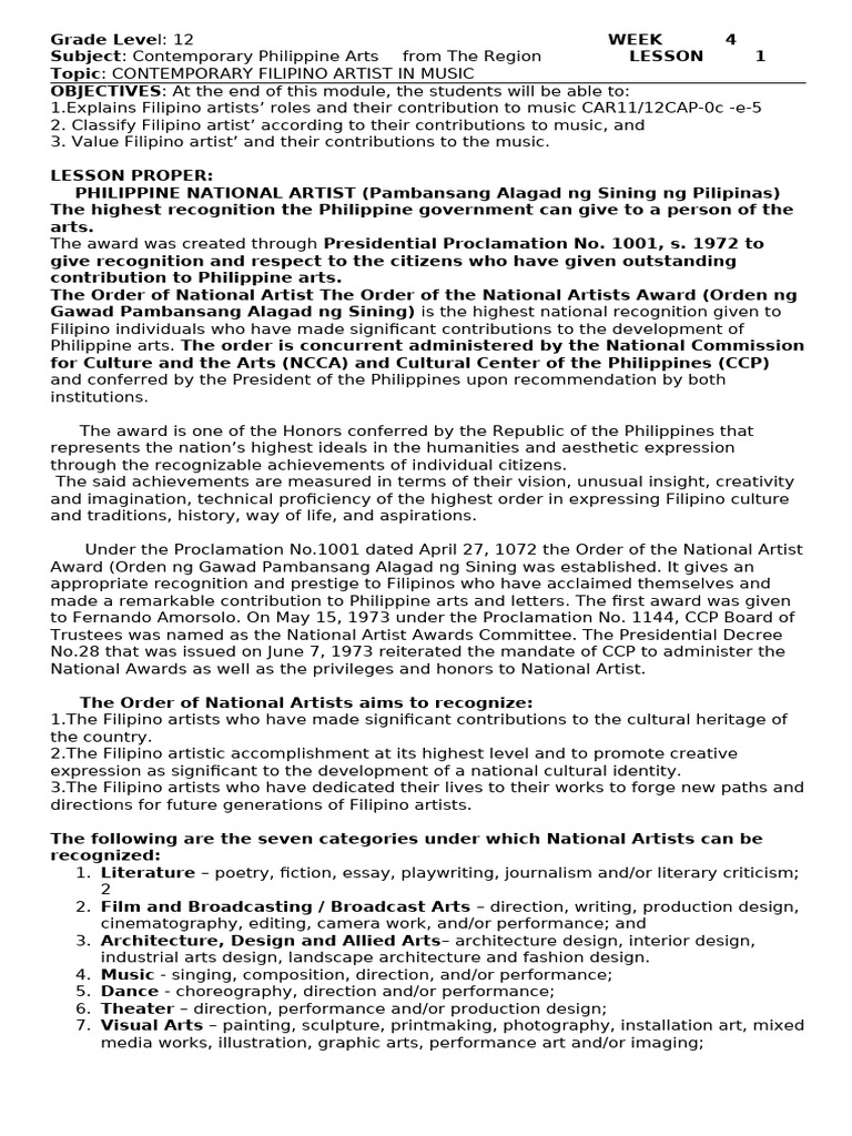 Week 4 Lesson 1 Conarts Revised | PDF | The Arts