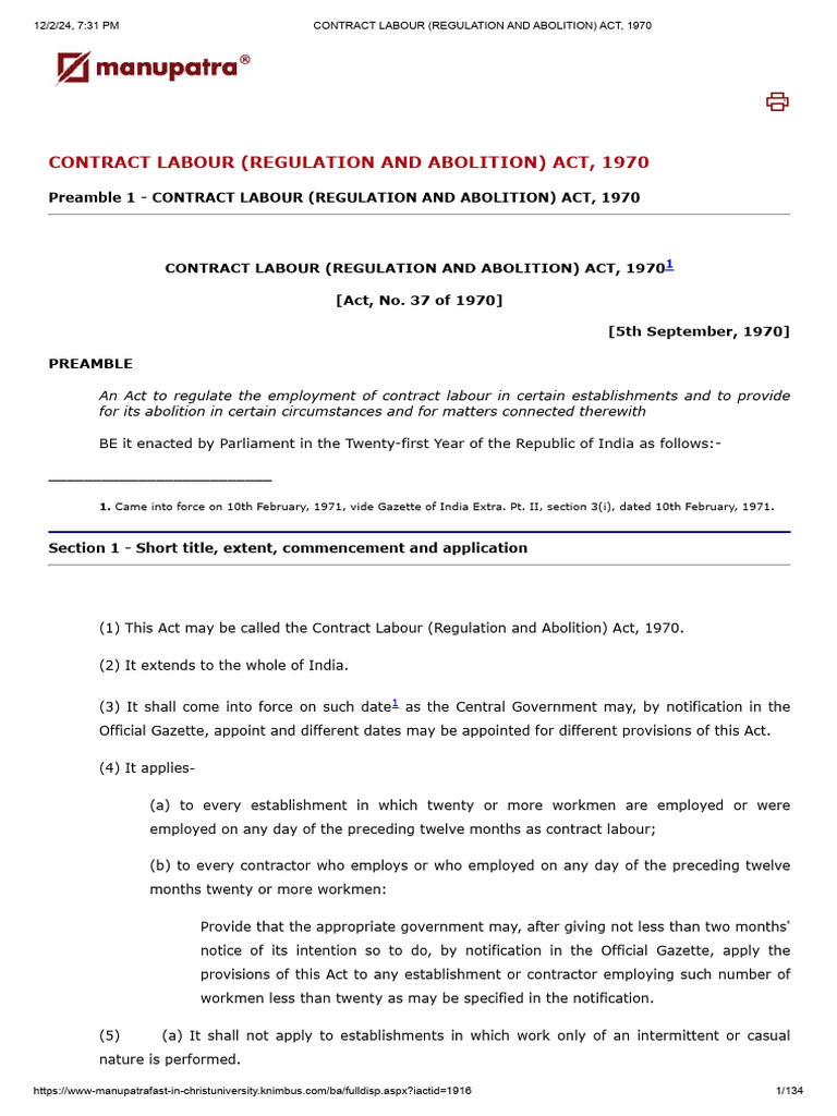 Contract Labour Act 1970 Overview | PDF | License | Employment