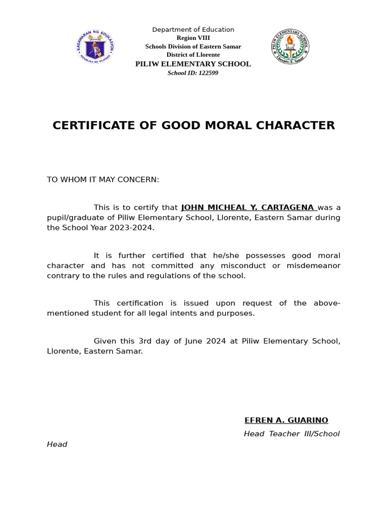Certificate of Good Moral Character | PDF