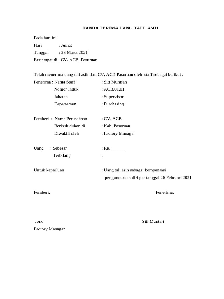 TANDA TERIMA UANG TALI ASIH - Draft | PDF