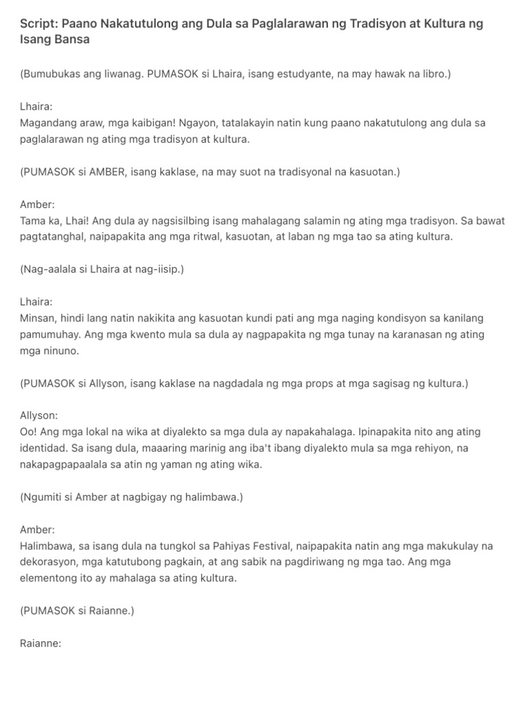 Paano Nakatutulong ang Dula sa Paglalarawan ng Tradisyon at… 2 | PDF