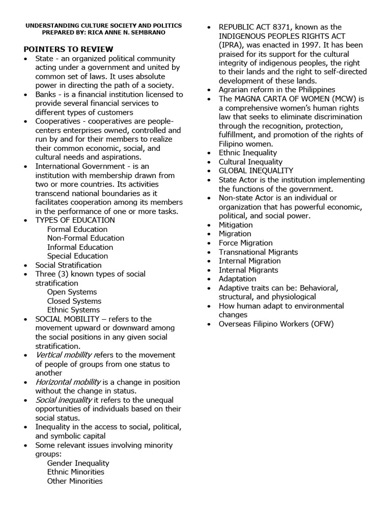 Pointers-to-Review-UCSP | PDF | Social Inequality | Discrimination & Race Relations